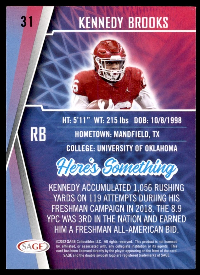 Kennedy Brooks 2022 SAGE HIT Low Series Rookie RC Card #31 Oklahoma Sooners | eBay