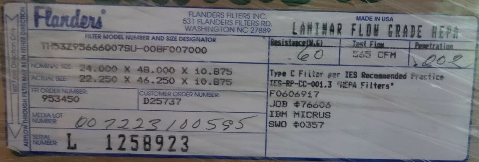 Flanders HEPA Filter 24 x 48 x 10.875 TH53Z956660078U0-08F007000 Type C ...