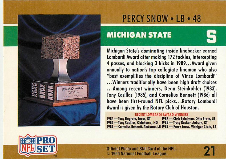 Percy Snow 1990 Pro Set #21 ROOKIE RC Kansas City Chiefs | eBay