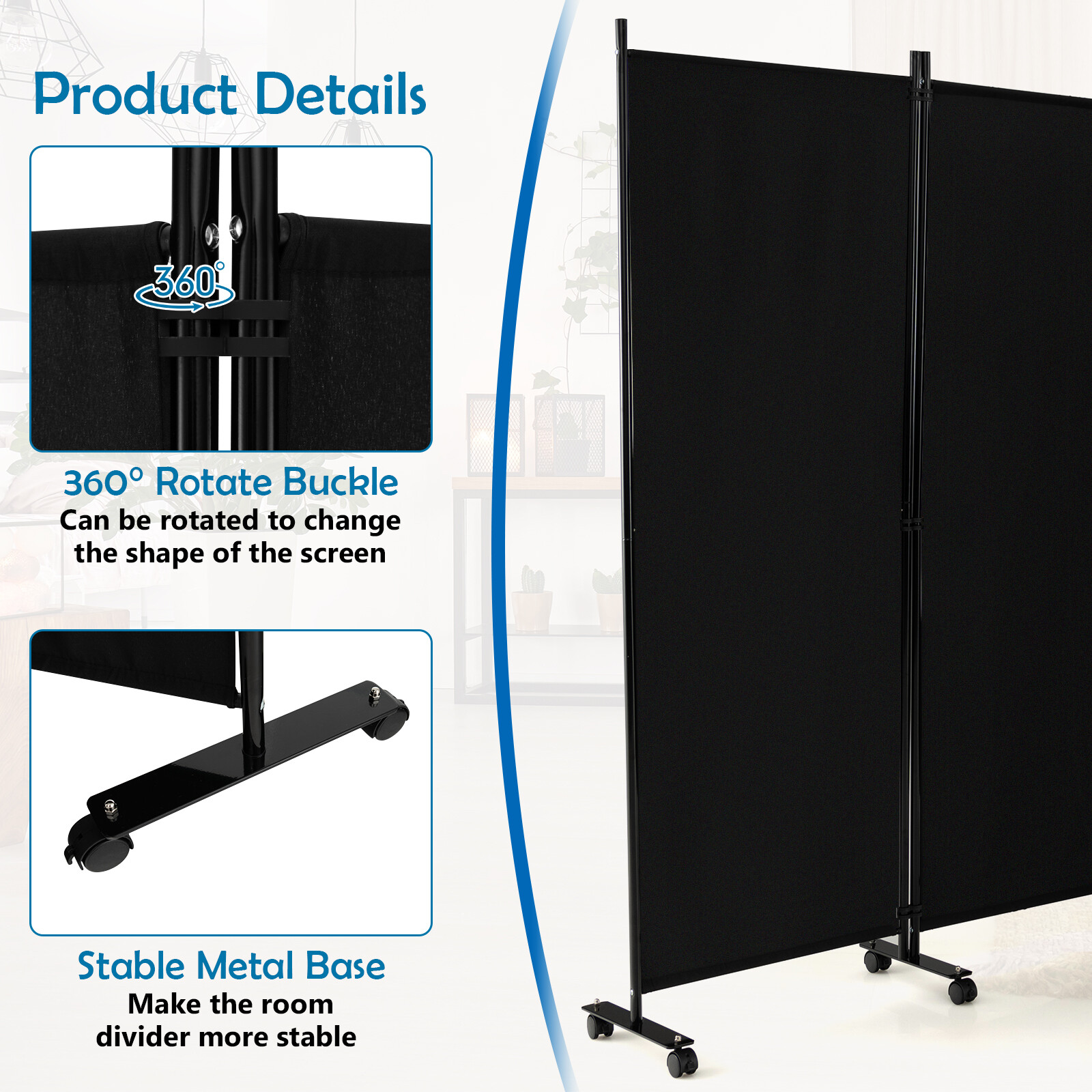 6-Panel Folding Room Divider 6FT Rolling Privacy Screen w/ Lockable ...