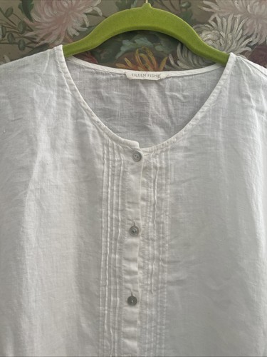 Eileen Fisher White Irish Linen Tunic Tucks Shell Buttons ? medium M ...