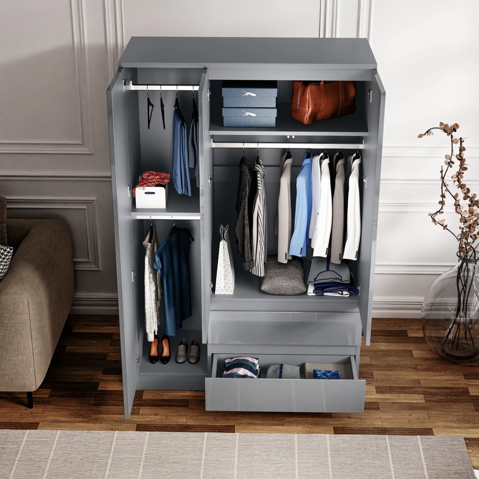 High Gloss 3 Door 2 Drawers Wardrobe With Shelves Storage Bedroom ...