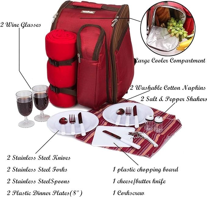 2 Person Red Picnic Backpack Hamper with Cooler Bag includes Tableware ...