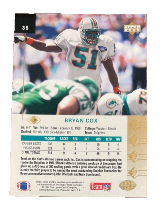 1994 UPPER DECK CARD # 35 Bryan Cox - Miami Dolphins | eBay