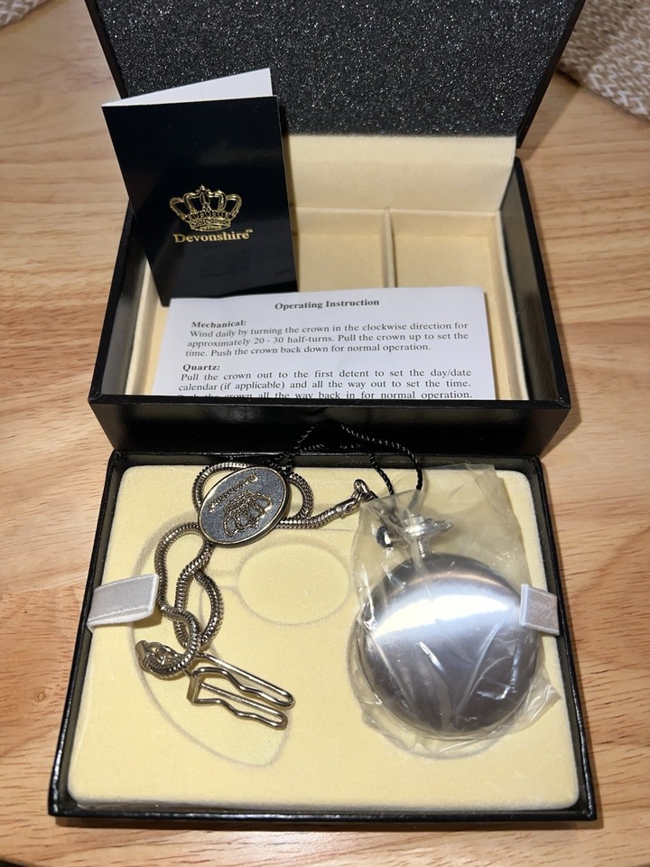 Devonshire 17 Jewel Mechanical Pocket Watch Skeleton Dial New in Box w ...