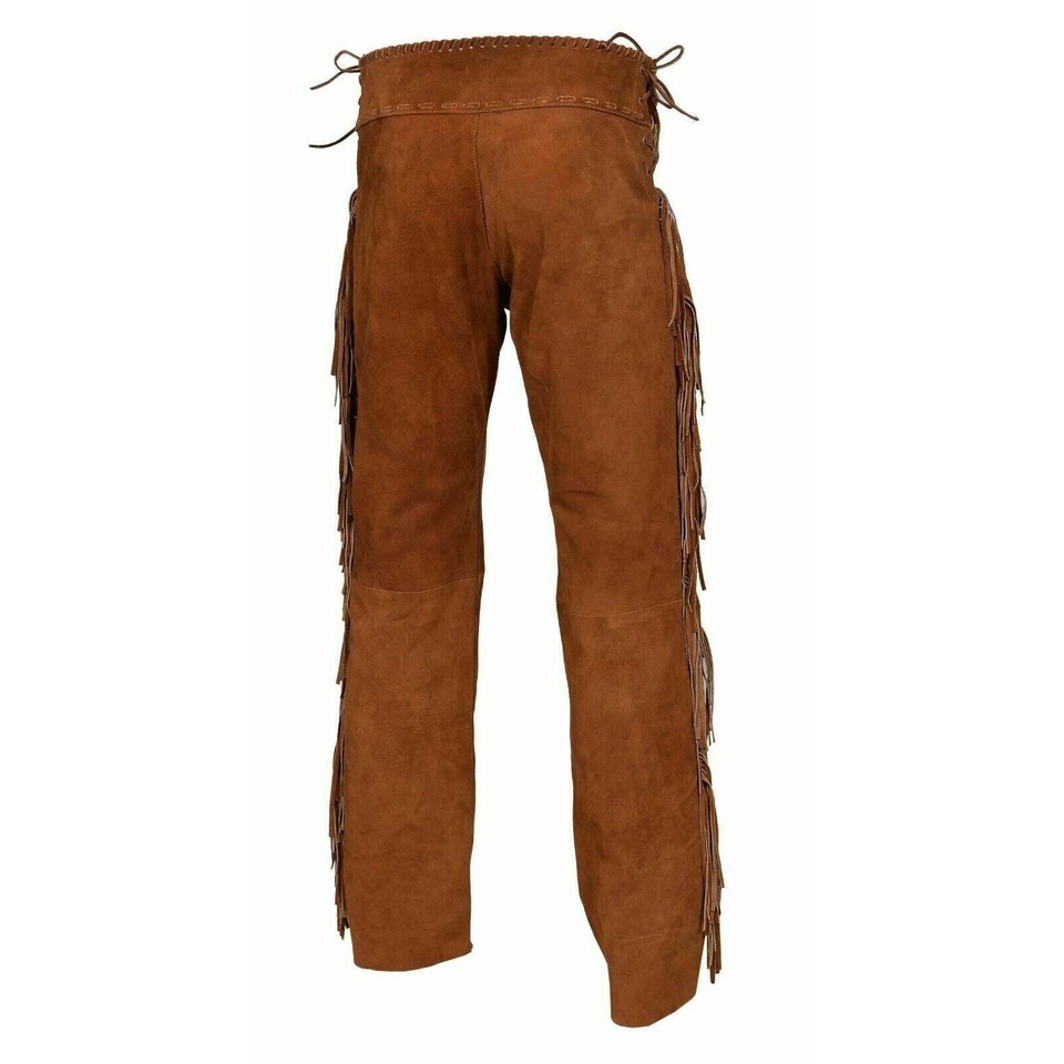 Men’s Native American Brown Suede Leather Pants with Fringes Wild West ...