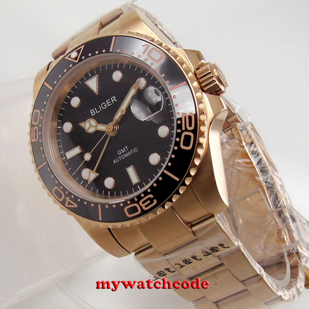 40mm bliger black dial automatic mens watch golden case GMT sapphire ...