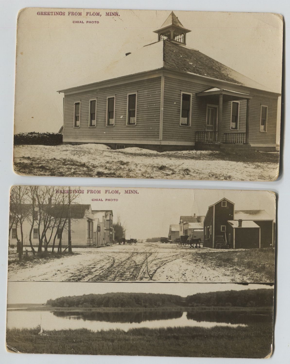 2 1910 Era Flom Minnesota Mainstreet & School Real Photo Postcards RPPC ...