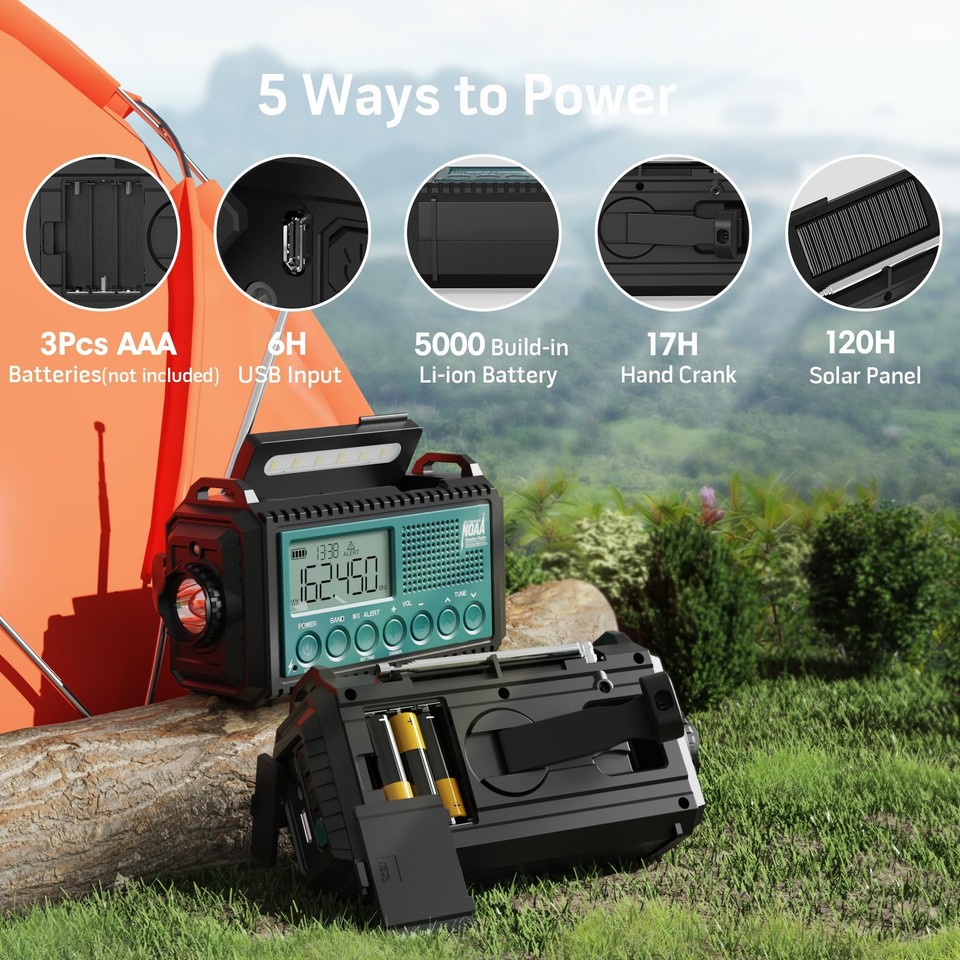 Emergency Weather Radio with AM/FM/NOAA/SW, 5 Ways Powered Solar Hand ...