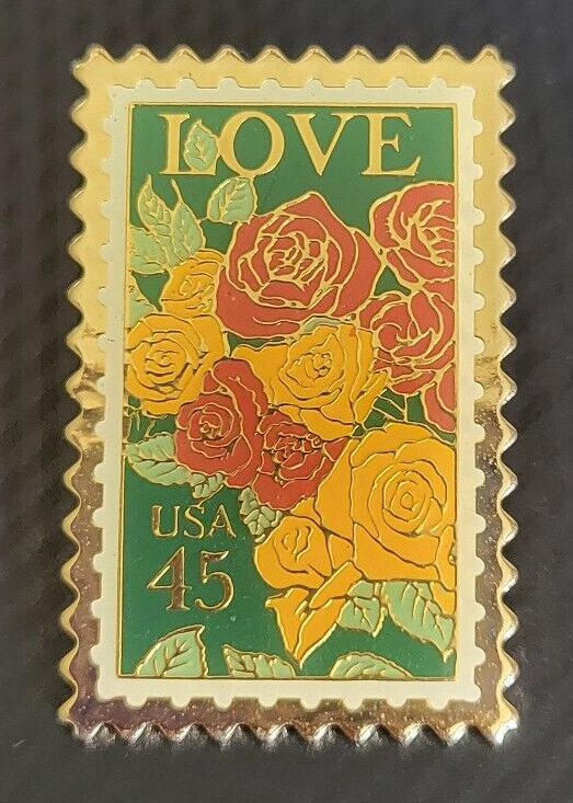 USPS Pinback 1988 LOVE Series Stamp USA 45 cent Pink & Yellow Roses ...