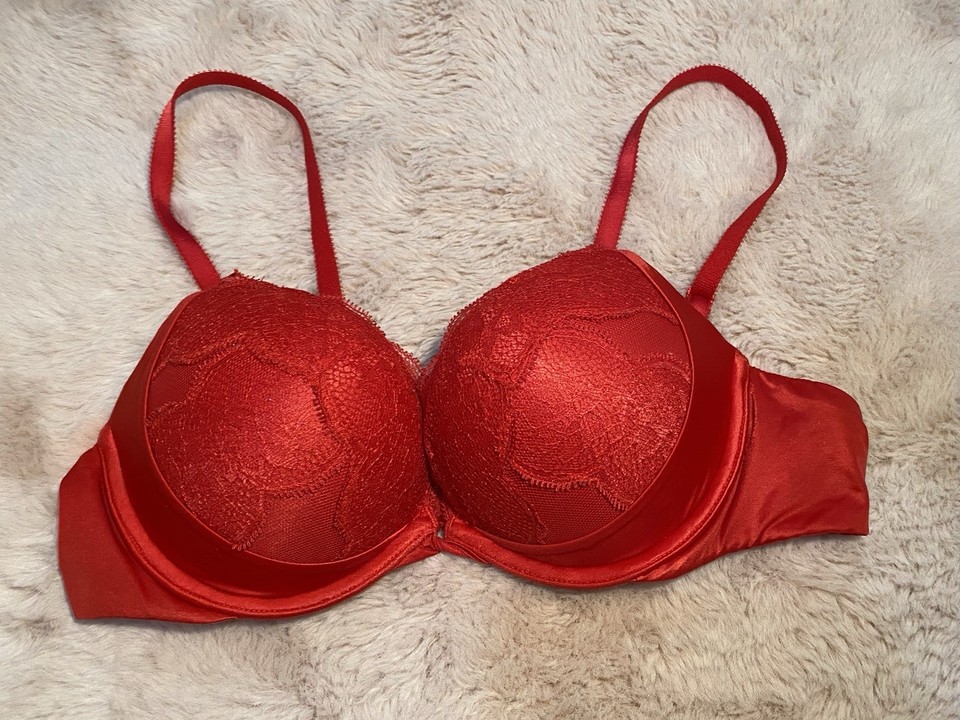 VICTORIA'S SECRET BOMBSHELL PLUNGE RED LACE 36A Add-2-Cups Push-Up Bra ...