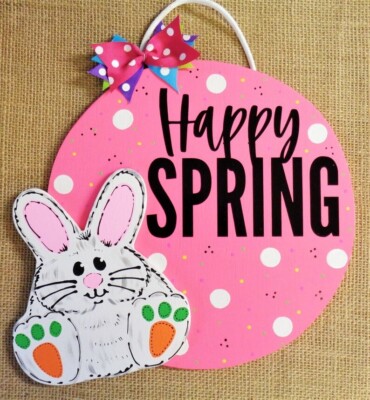 HAPPY SPRING Bunny Sign Wood Plaque Hot Pink Hand Crafted Door Wall ...