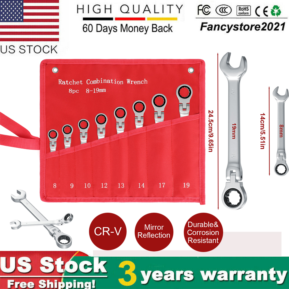8Pc 8-19mm Metric Flexible Head Ratcheting Wrench Combination Spanner ...