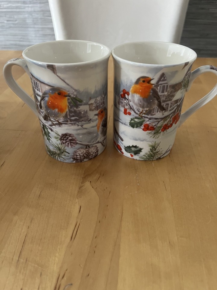 Christmas Robin Mugs - Set of 2 - Tea Coffee Cups - Gift Boxed - Fine ...