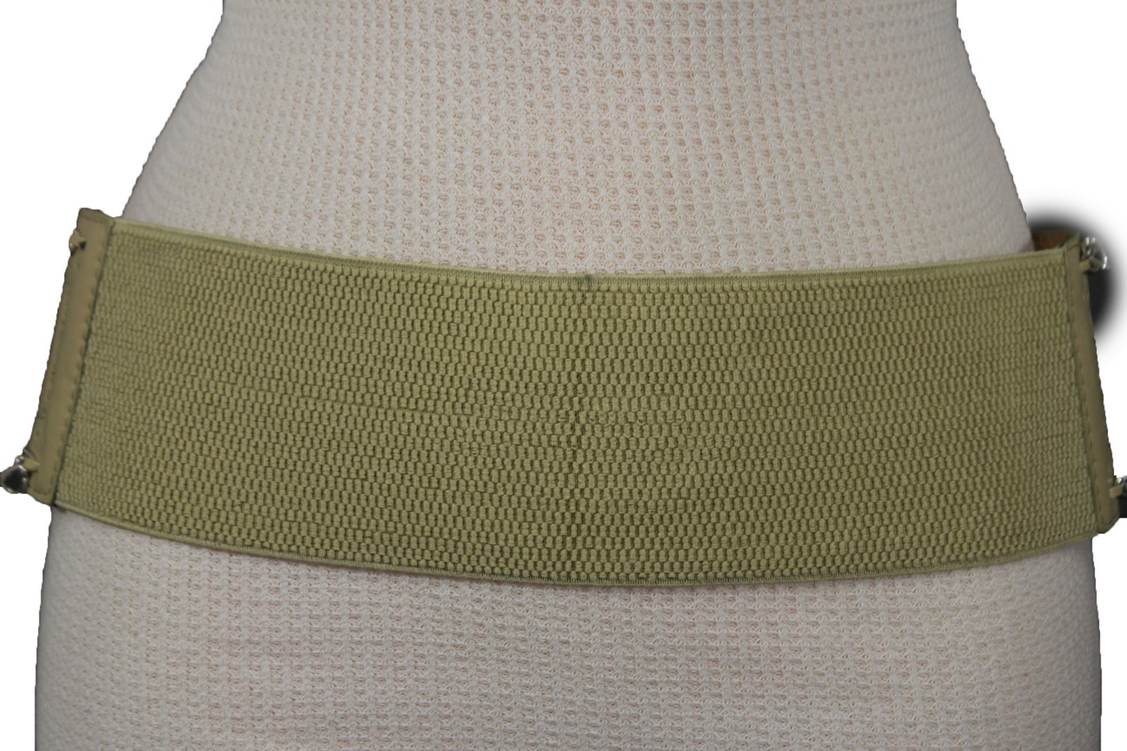 Women Beige Fashion Elastic Wide Belt Dressy Silver Metal Chains Buckle ...
