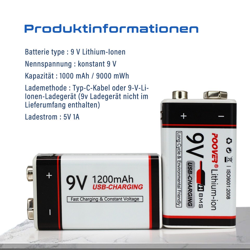 1000mAh USB 9V Battreries Lithium Rechargeable E-Block 9volt 6lr61 2 ...