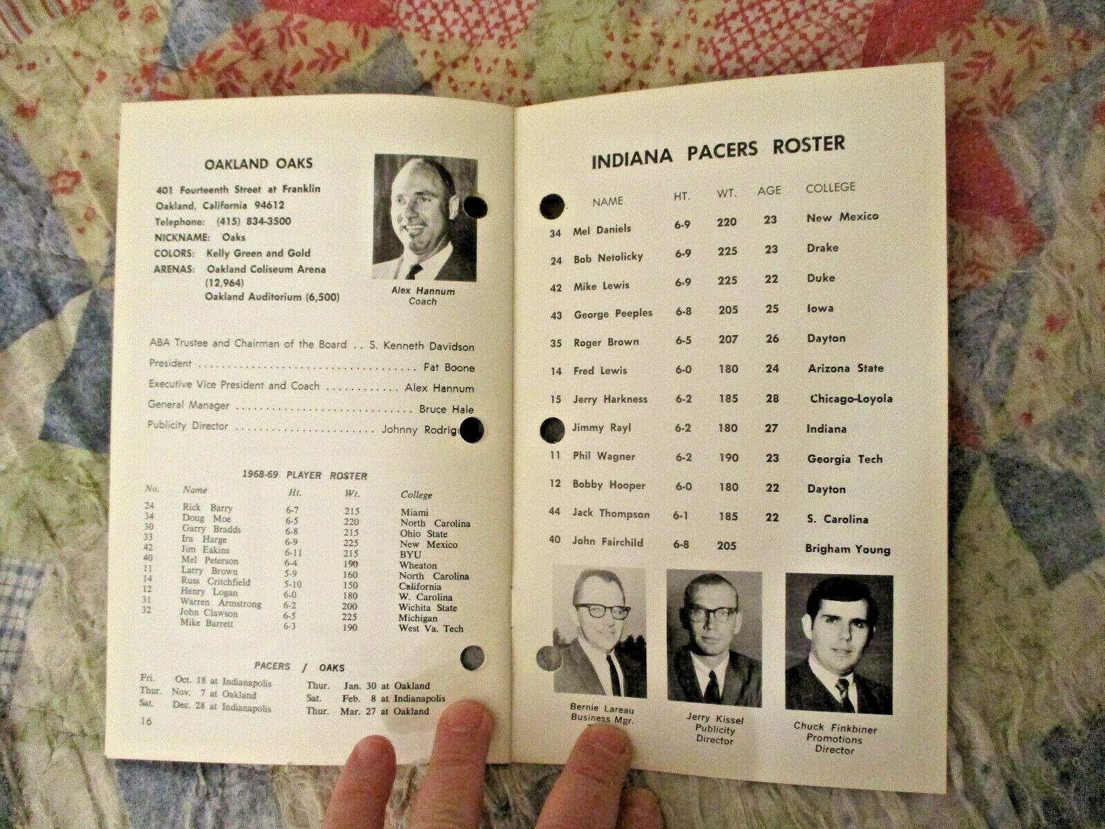 1968-69 INDIANA PACERS MEDIA GUIDE Yearbook SLICK LEONARD ABA MEL ...