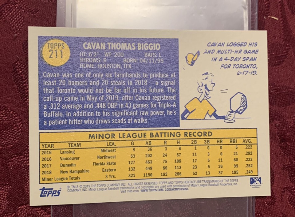 Cavan Biggio 2019 Topps Heritage Minor League SP Card #211 - Buffalo ...