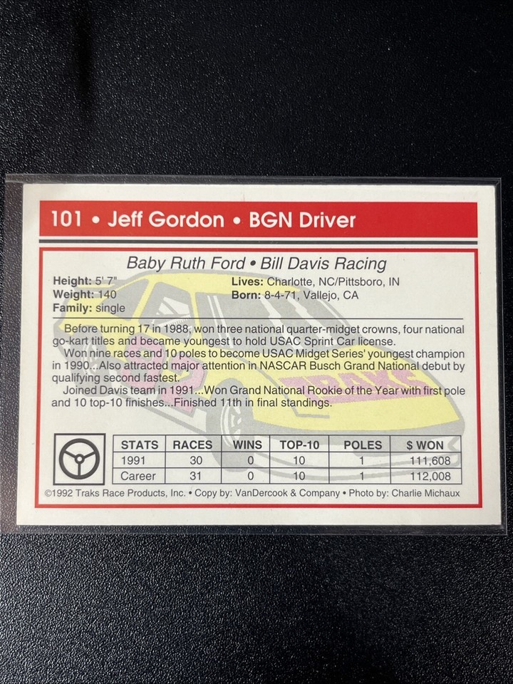 1992 Traks Racing Jeff Gordon Rookie Card RC #101 NASCAR HOF champion ...