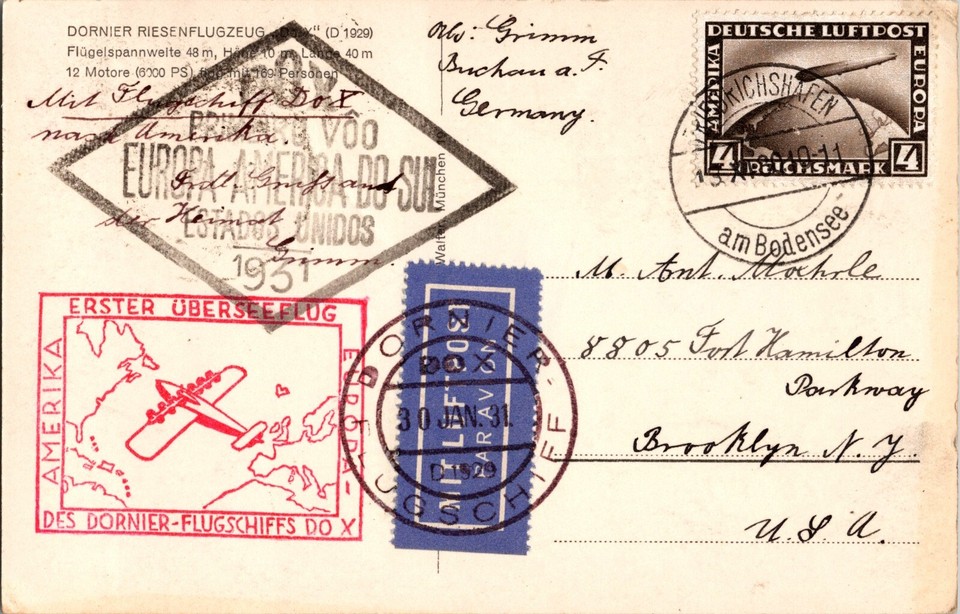 1931 Germany DOX First Flight RPPC Postcard Cover FFC To Brooklyn USA ...