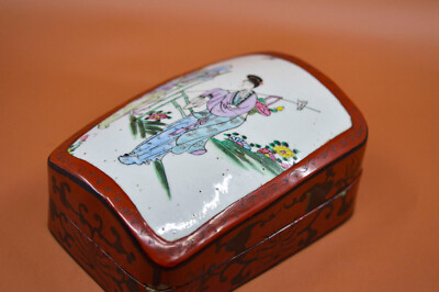 Antique,Chinese, porcelain lid, wooden box, 7.5 x 4.75 x 3 inches | eBay