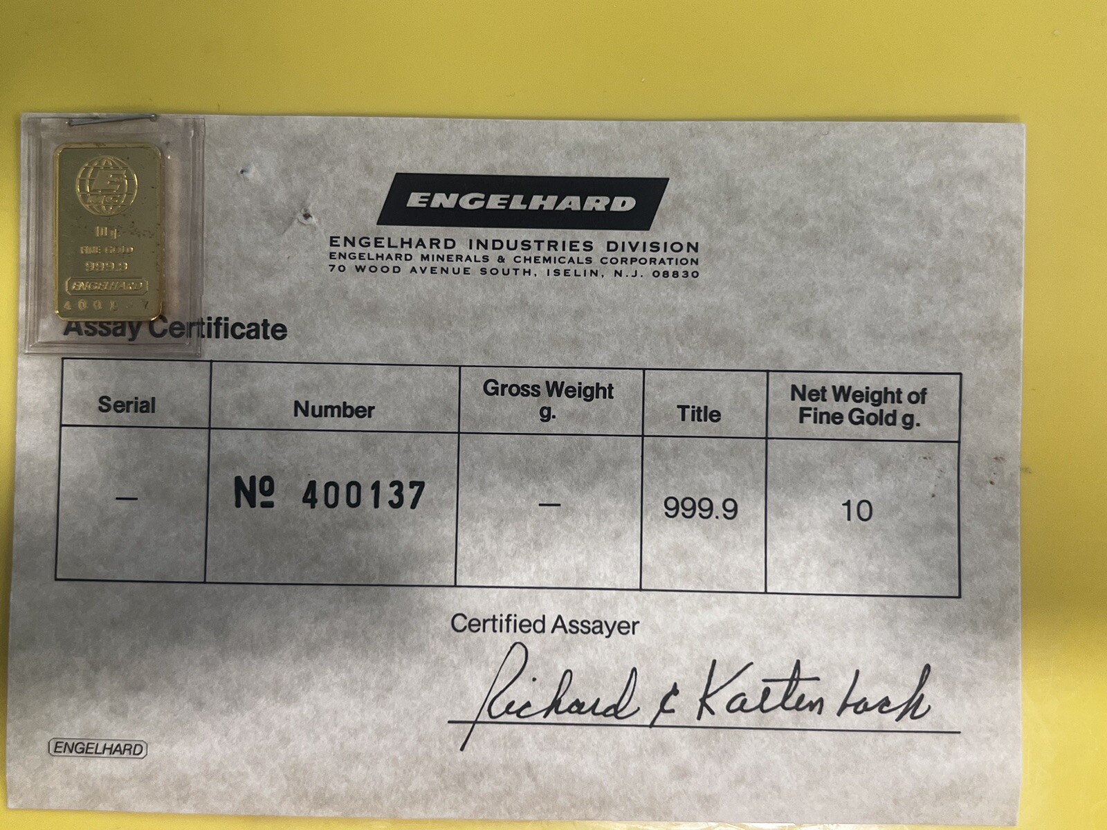 Ultimate Collectible Gold Engelhard 10 Gram Gold Bar With Original COA ...