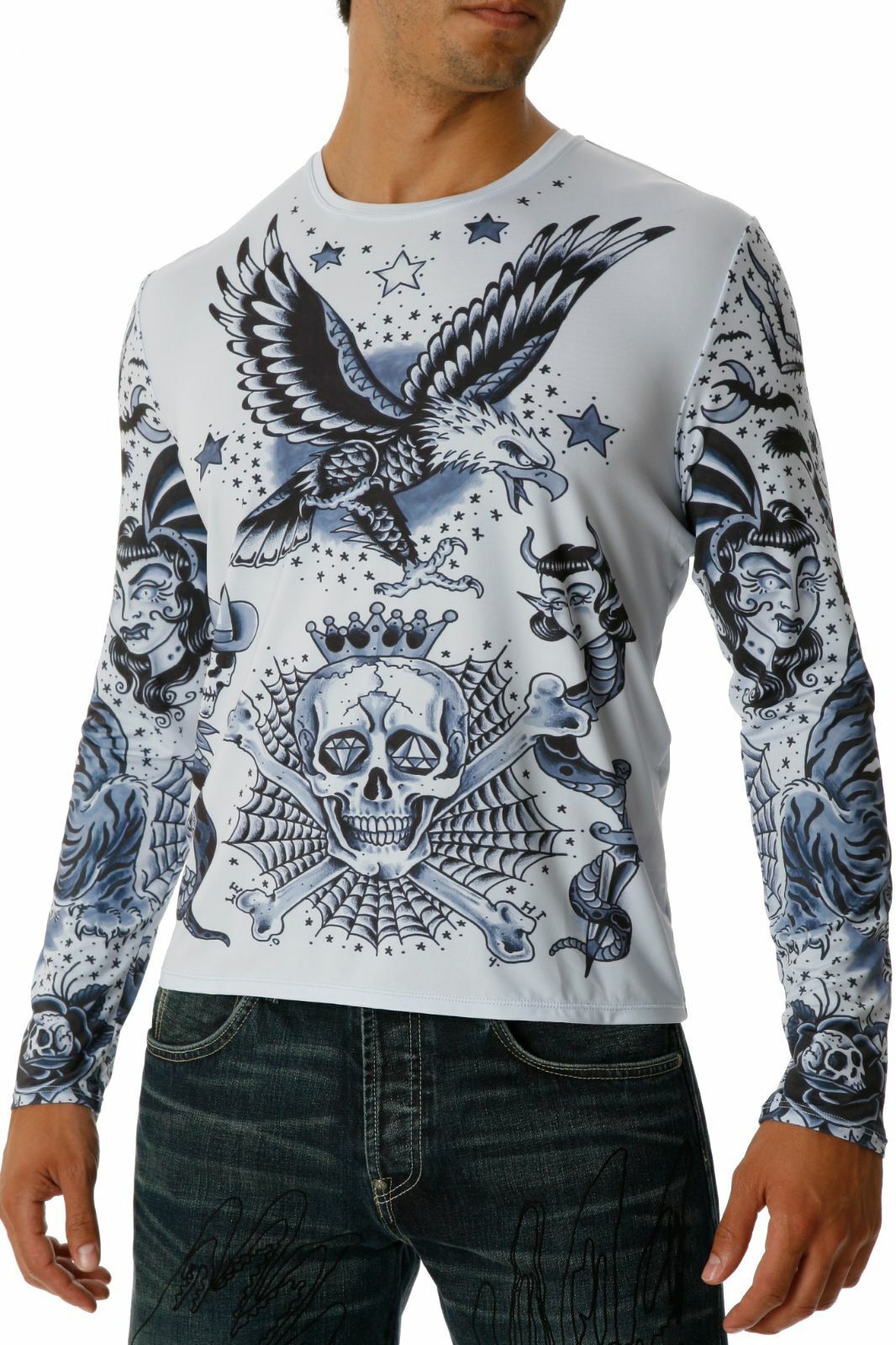 YMX by Yellowman Men's Long Sleeve Rain King of the Dead Tattoo Tee, XL ...