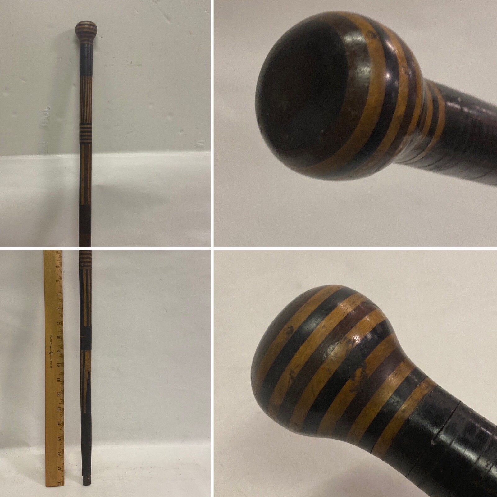 ANTIQUE MARQUETRY KNOB HEAD WALKING CANE STICK - Gem