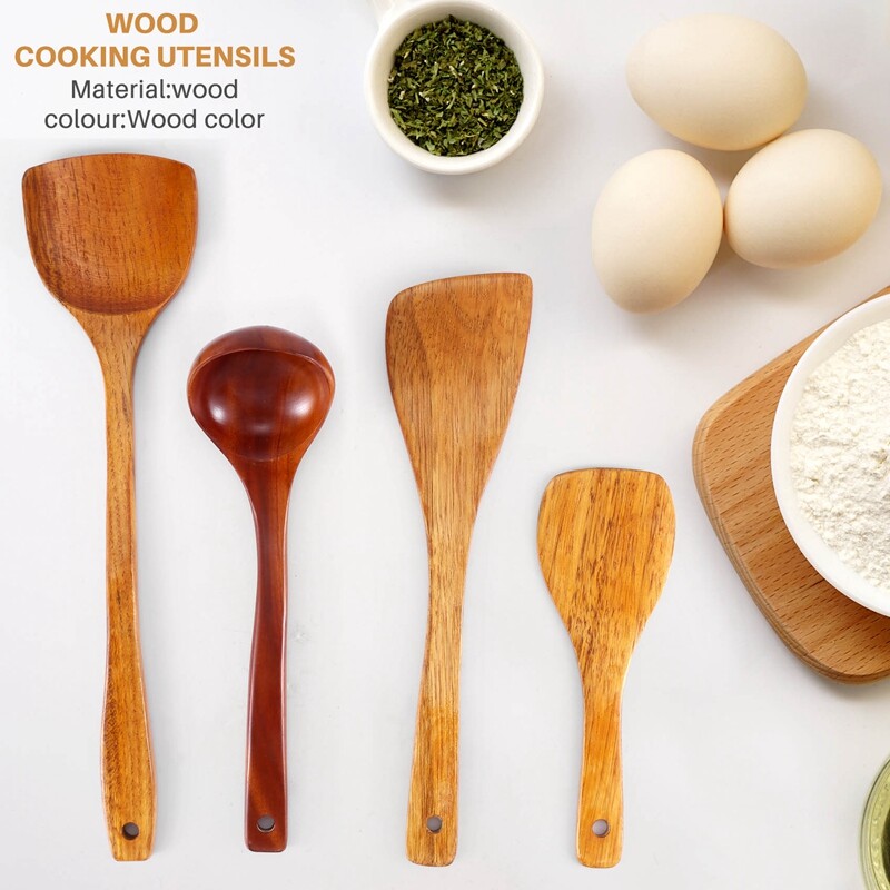 2X(4Pcs Wooden Shovel Spoon Non Stick Wood Long Rice Spatula ...