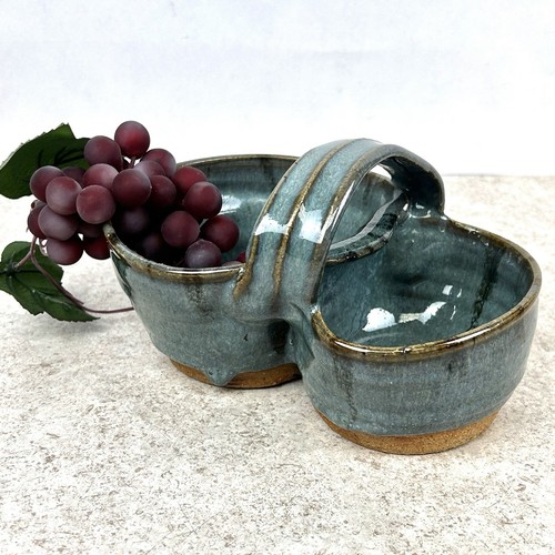 Handmade Pottery Ceramic Double Bowl Handle Glazed Teal Blue Sand Brown ...