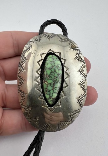 Vtg Navajo Nickel Silver Damele Variscite Stamped Shadowbox Oval Bolo ...