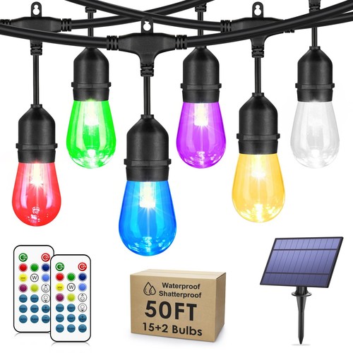 50FT RGB Solar Outdoor String Lights with Remote, Dimmable Waterproof ...