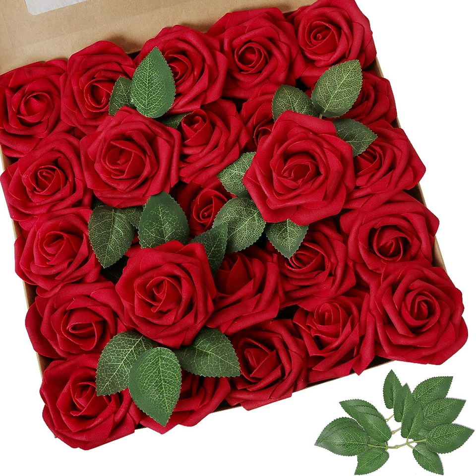 Artificial Flower Dark Red Rose 25Pcs Real Looking Fake Roses W/Stem ...