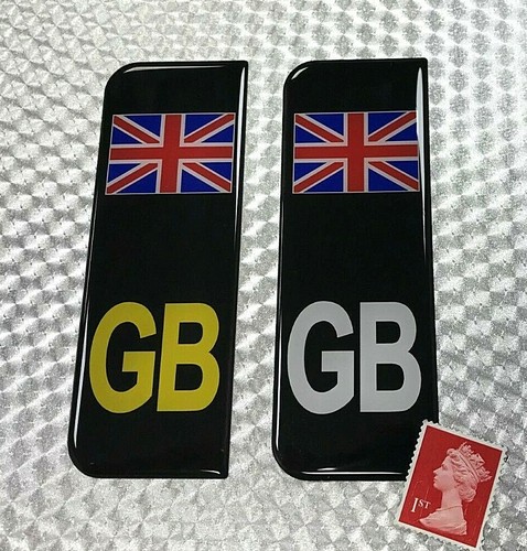2 x UNION JACK GB Number Plate Stickers on Black Super Shiny Domed ...