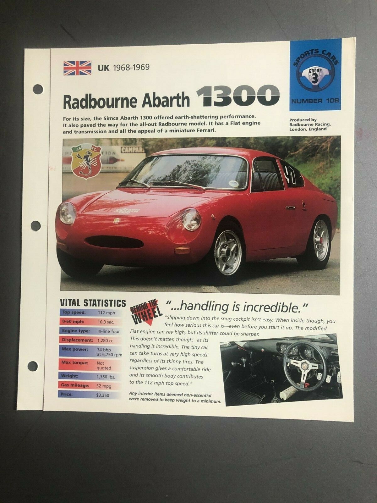 1968 - 1969 Radbourne Abarth 1300 IMP "Hot Cars" Spec Sheet, Folder ...