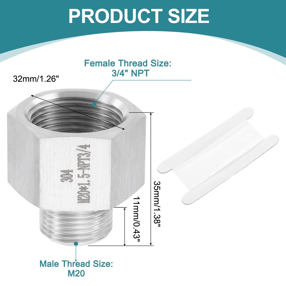 Pipe Fitting Reducing Adapter, M20 x 3/4" NPT Reducer Connector, Silver ...