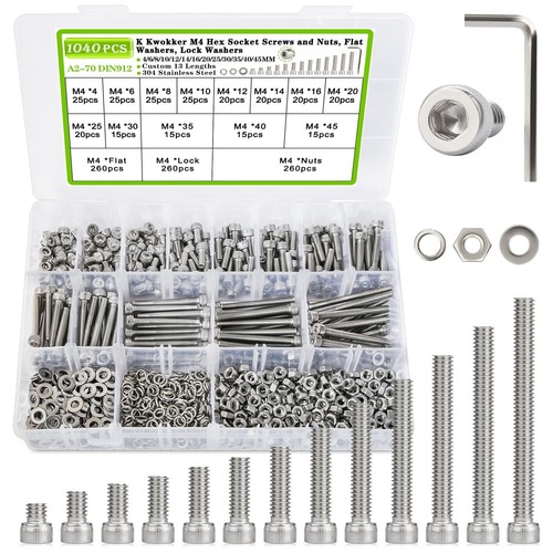 1040PCS M4 Nuts and Bolts Assortment Kit 4mm-45mm, 304 Stainless Steel ...