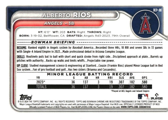 Alberto Rios 2024 Topps Bowman Chrome #BPC-98 Angels | eBay