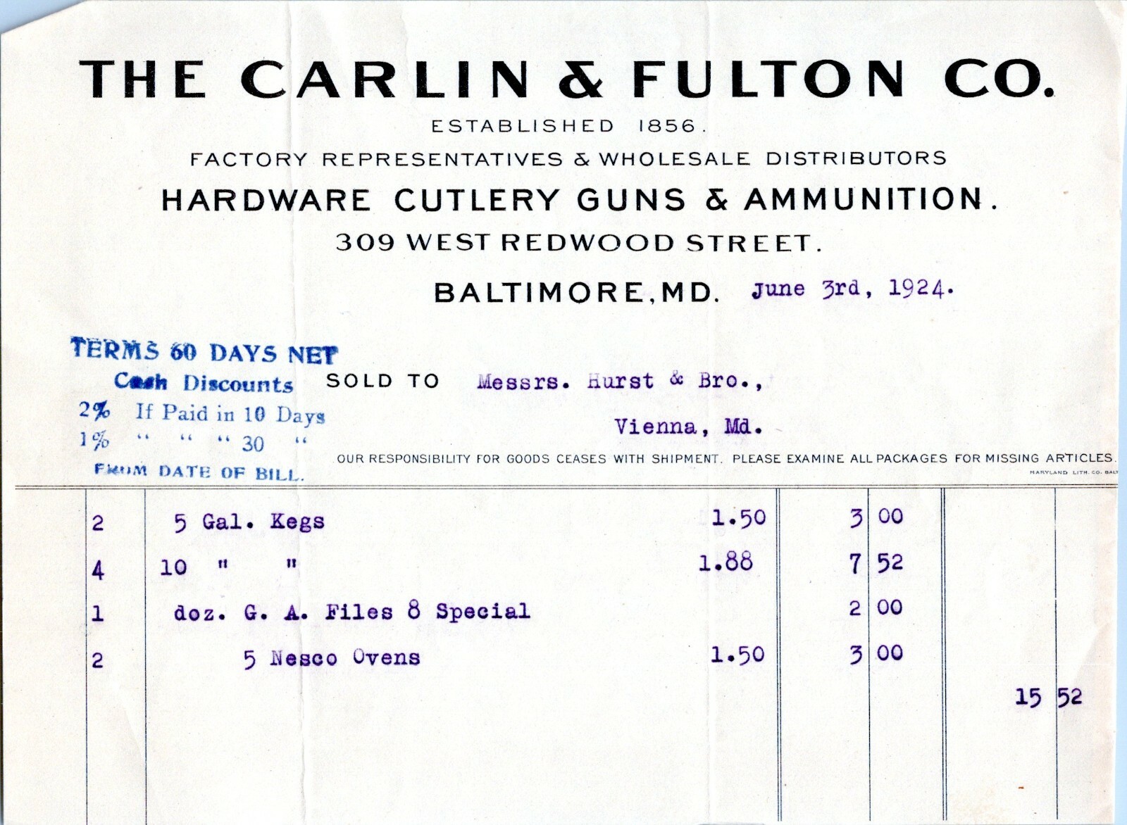 Baltimore MD Vtg Billhead Letterhead CARLIN & FULTON Guns Ammunition 2 ...