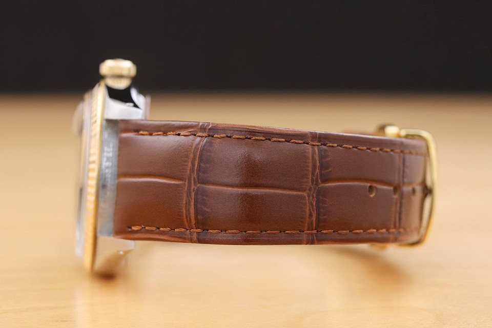ROLEX MENS DATEJUST 16013 18K GOLD STEEL BLACK DIAL BROWN LEATHER STRAP ...