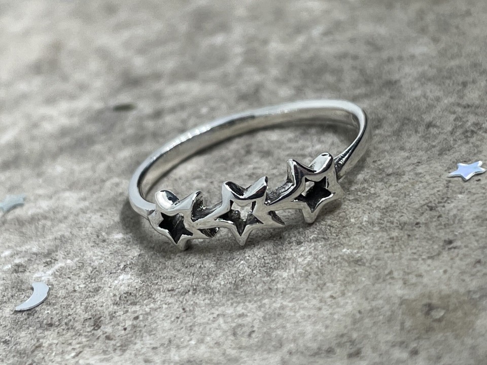 Star Ring, Sterling Silver Ring with 3 Stars, Celestial Ring, Moon and ...