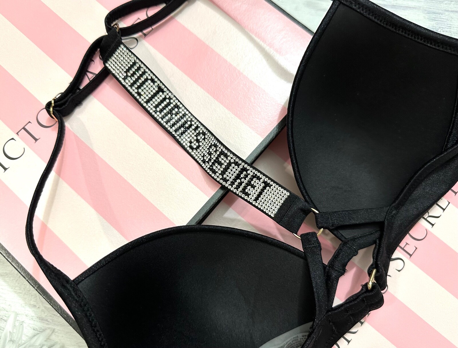 Victoria's Secret Shine Strap Fabulous Push Up Top Thong Swim Set Black ...