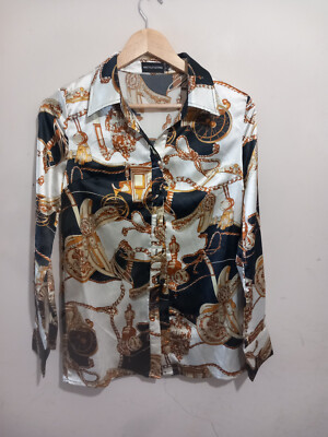 PRETTY LITTLE THING silk shirt uk size 6 with ornate classical design ...