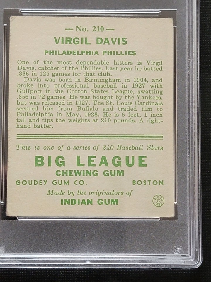 Virgil Davis 1933 Goudey PSA 4 VG-EX Baseball Card #210 | eBay