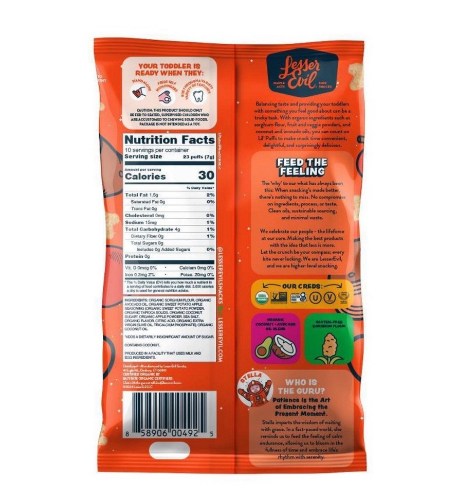 Lesser Evil Lil Puffs Sweet Potato Apple Organic Toddler & Kids Snacks ...