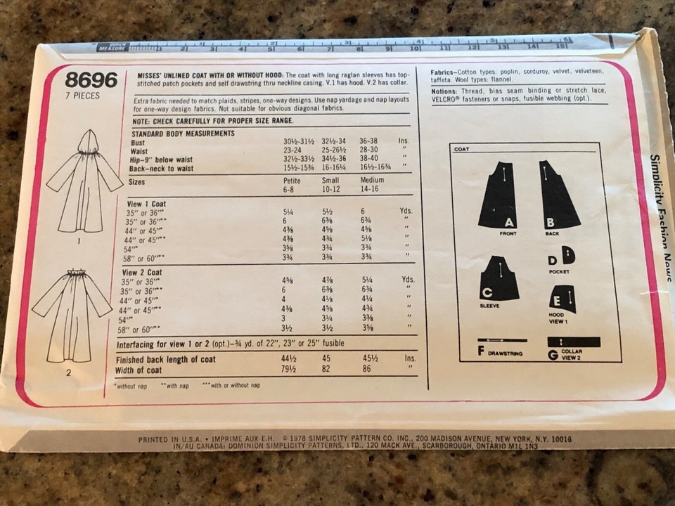 🌷1978 SIMPLICITY #8696-LADIES BELOW KNEE SWING COAT w/wo HOOD PATTERN ...