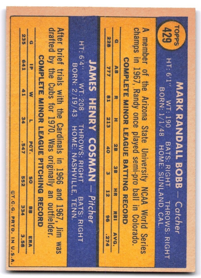 1970 Topps Cubs Rookies - Randy Bobb/Jim Cosman Chicago Cubs #429 | eBay
