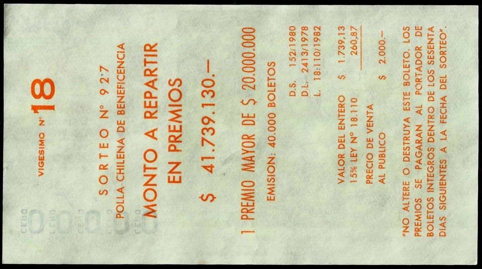 CHILE, LOTTERY TICKET, "POLLA CHILENA", GAME # 927, YEAR 1984, NUMBER ...