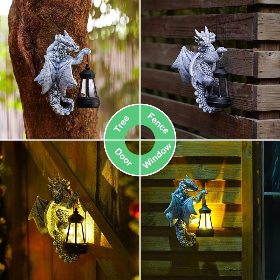 Solar Garden Statue Dragon w/ Lantern LED Lights Outdoor Decor Yard ...
