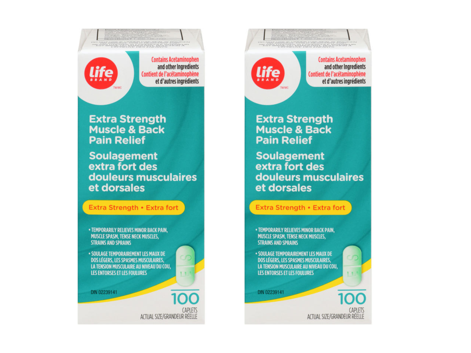 Extra Strength Muscle & Back Pain Relief Brand Life 100 caplets(2 PACK ...